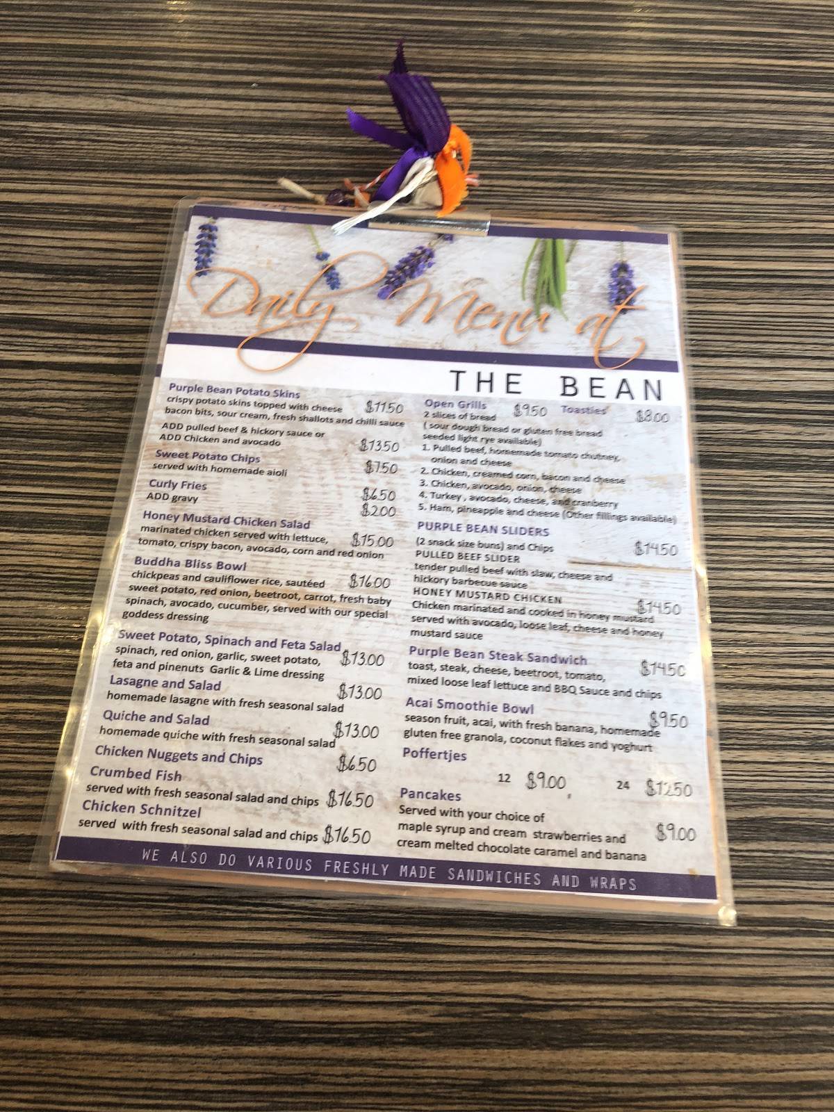 Menu at Purple Bean Cafe, Chinchilla