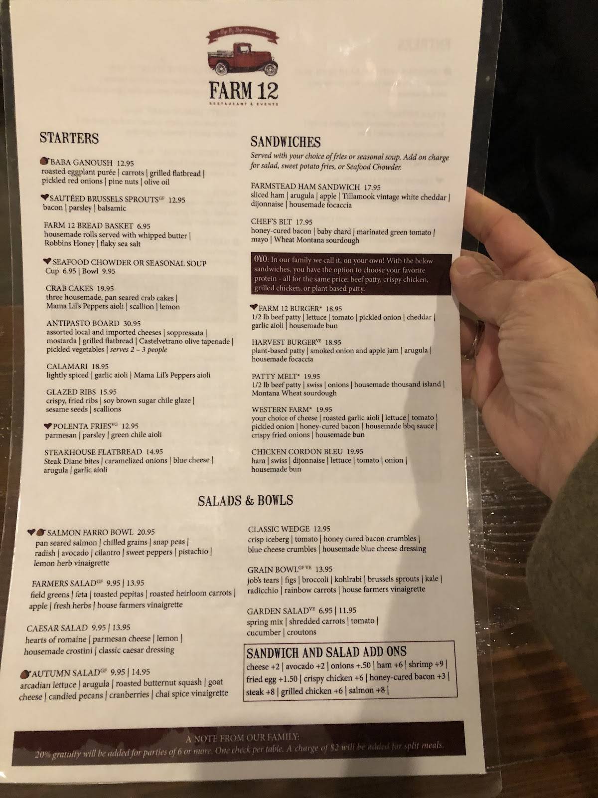 Menu at Farm 12 Restaurant, Puyallup