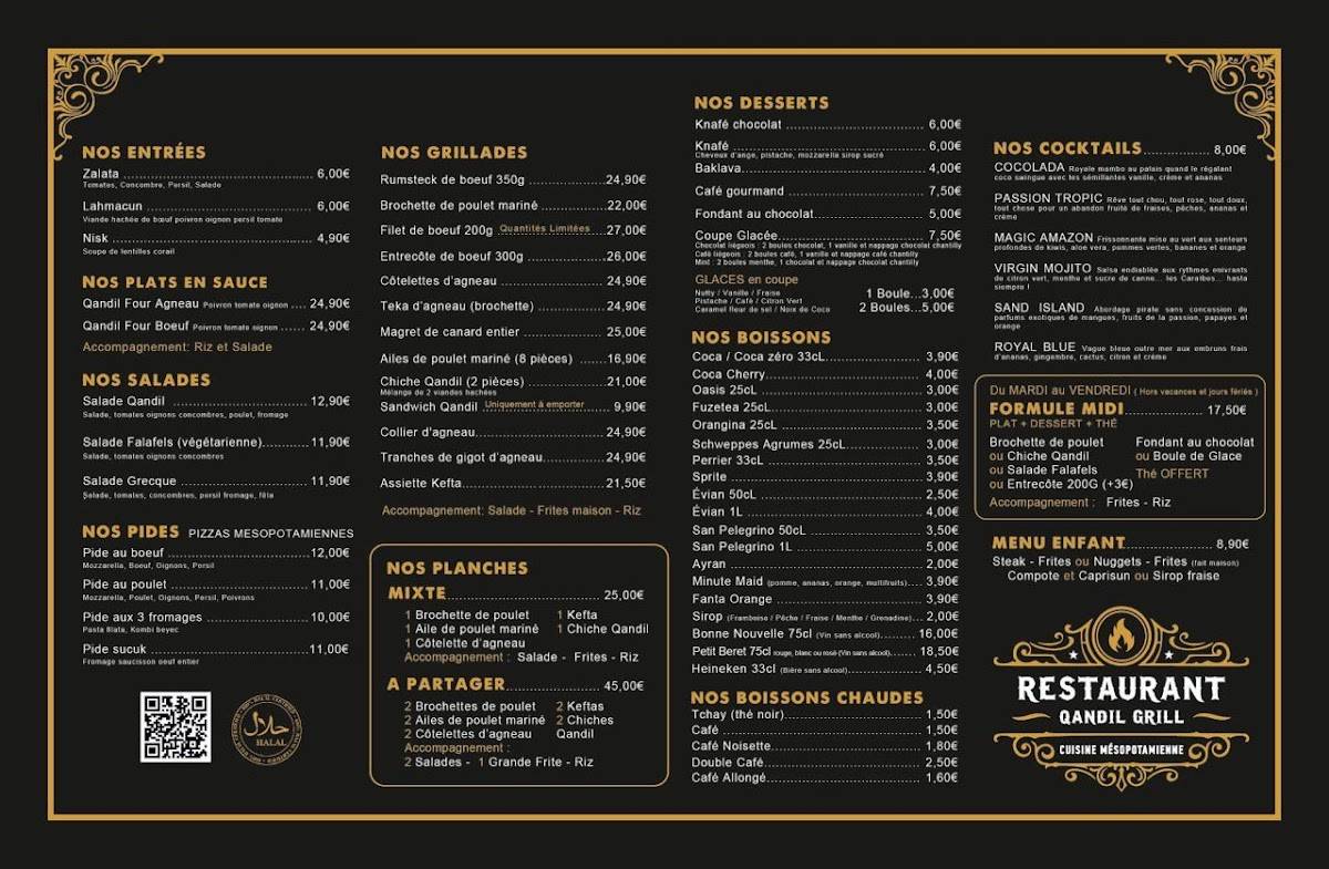 Menu au Qandil Grill (Restaurant de grillades au feu de bois ), Fenouillet