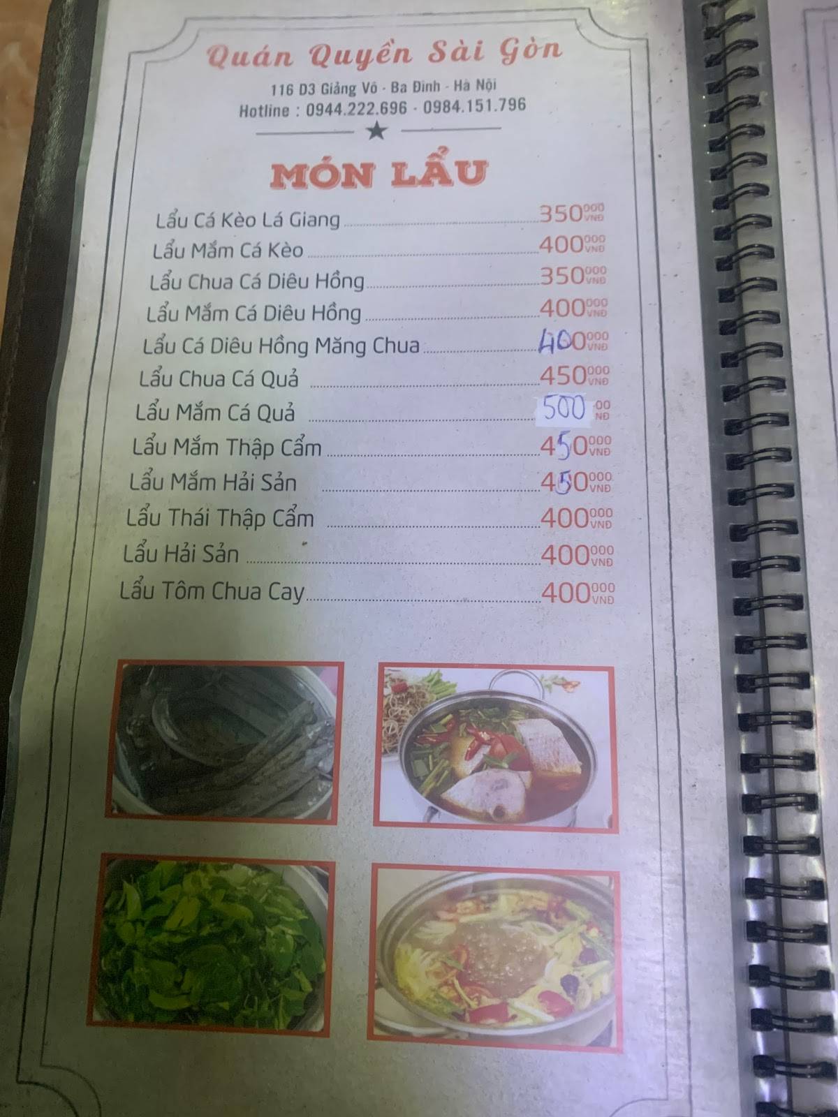 Menu at Quán Quyền Sài Gòn restaurant, Hanoi