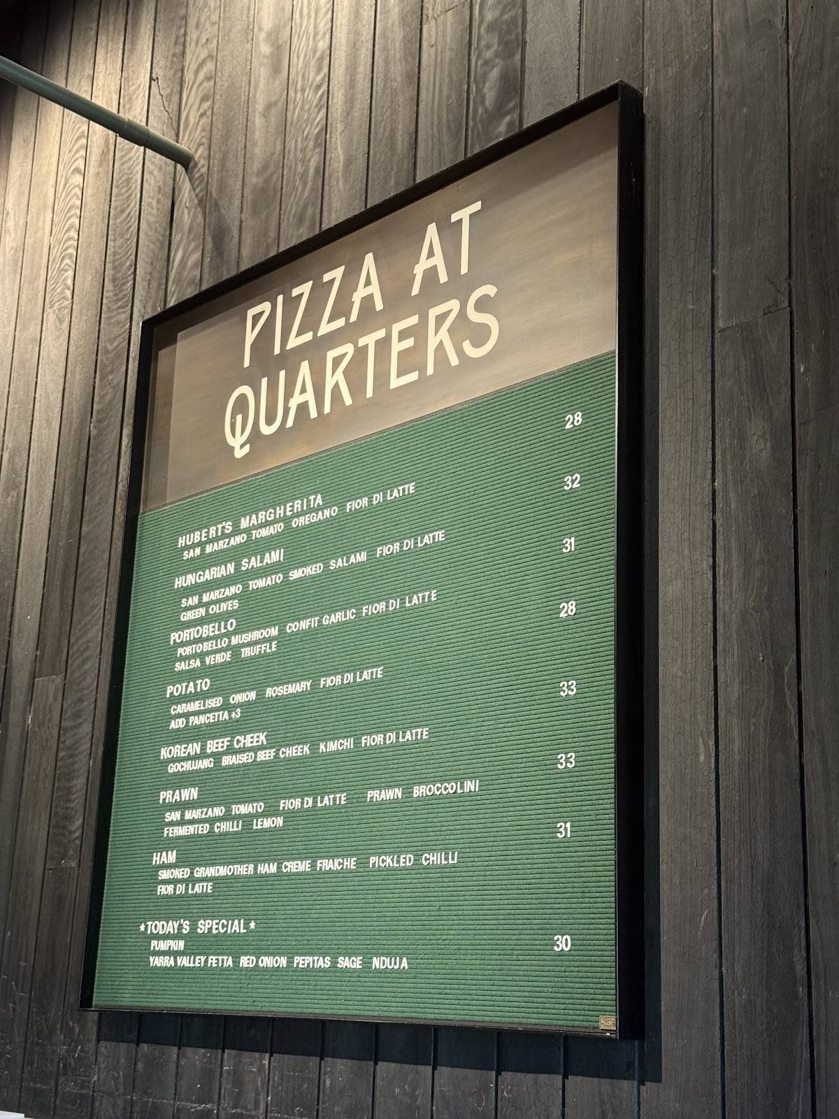 Menu at Quarters restaurant, Coldstream