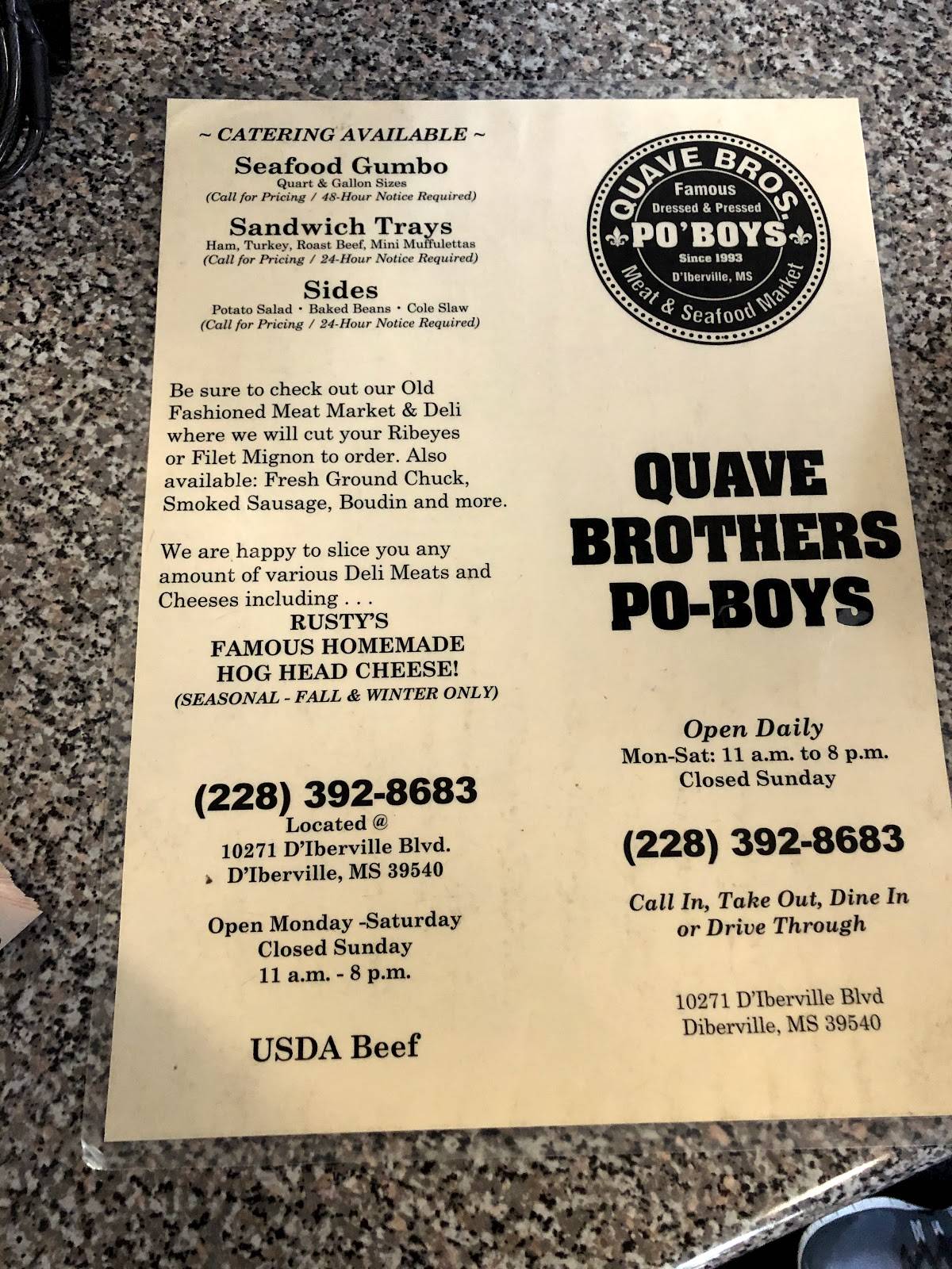 Menu at Quave Brothers Poboys and Meat Market Diberville restaurant, D ...