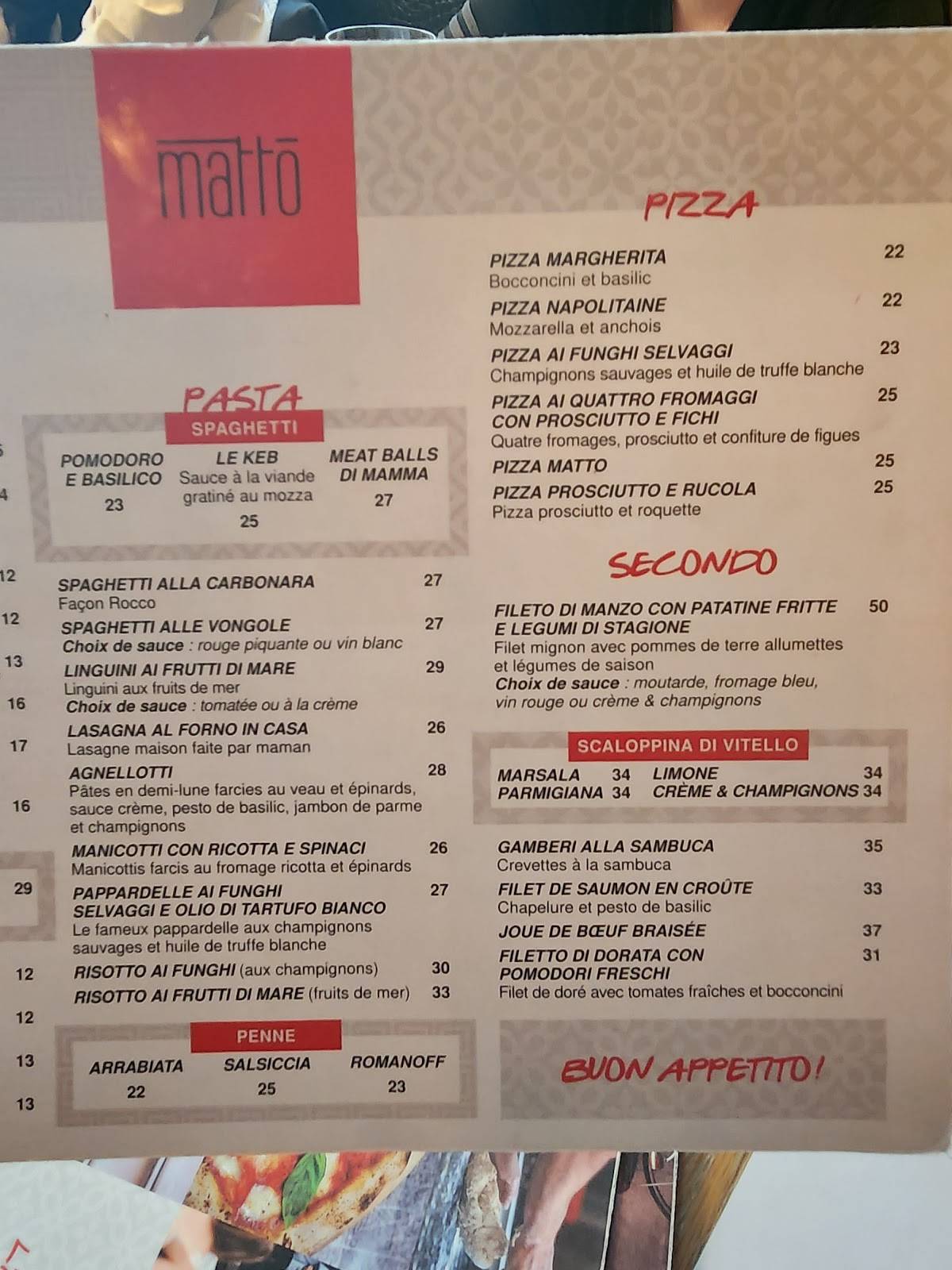 Menu au Il Matto restaurant, Québec, 71 Rue Saint-Pierre