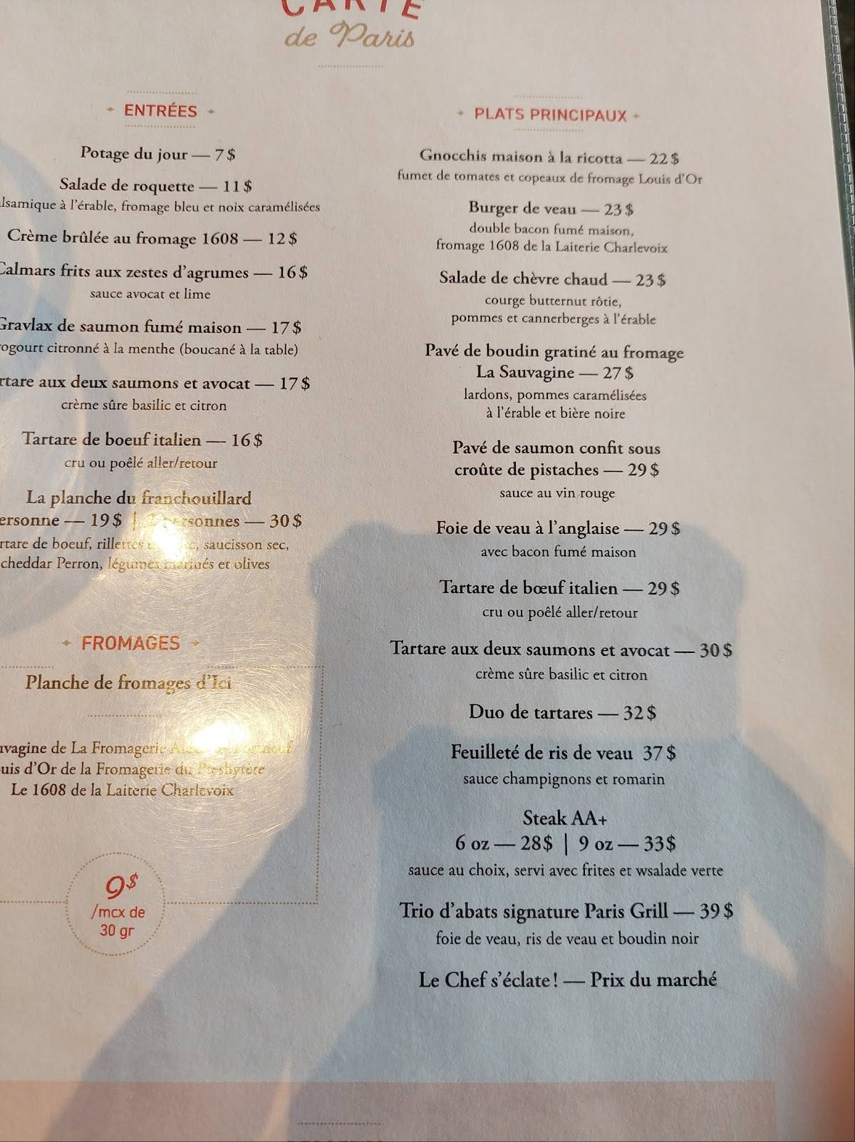 Menu au Paris Grill restaurant à viande, Québec, Bd Laurier