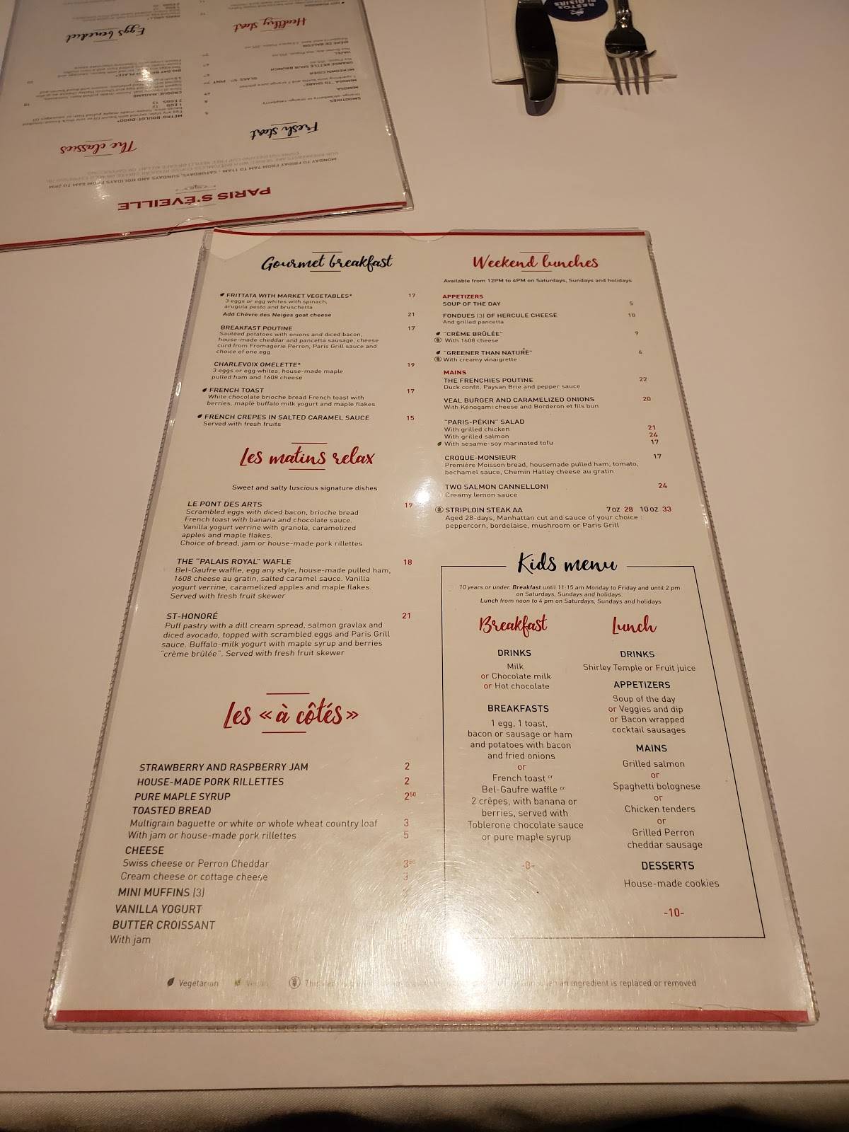 Menu au Paris Grill restaurant à viande, Québec, Bd Laurier