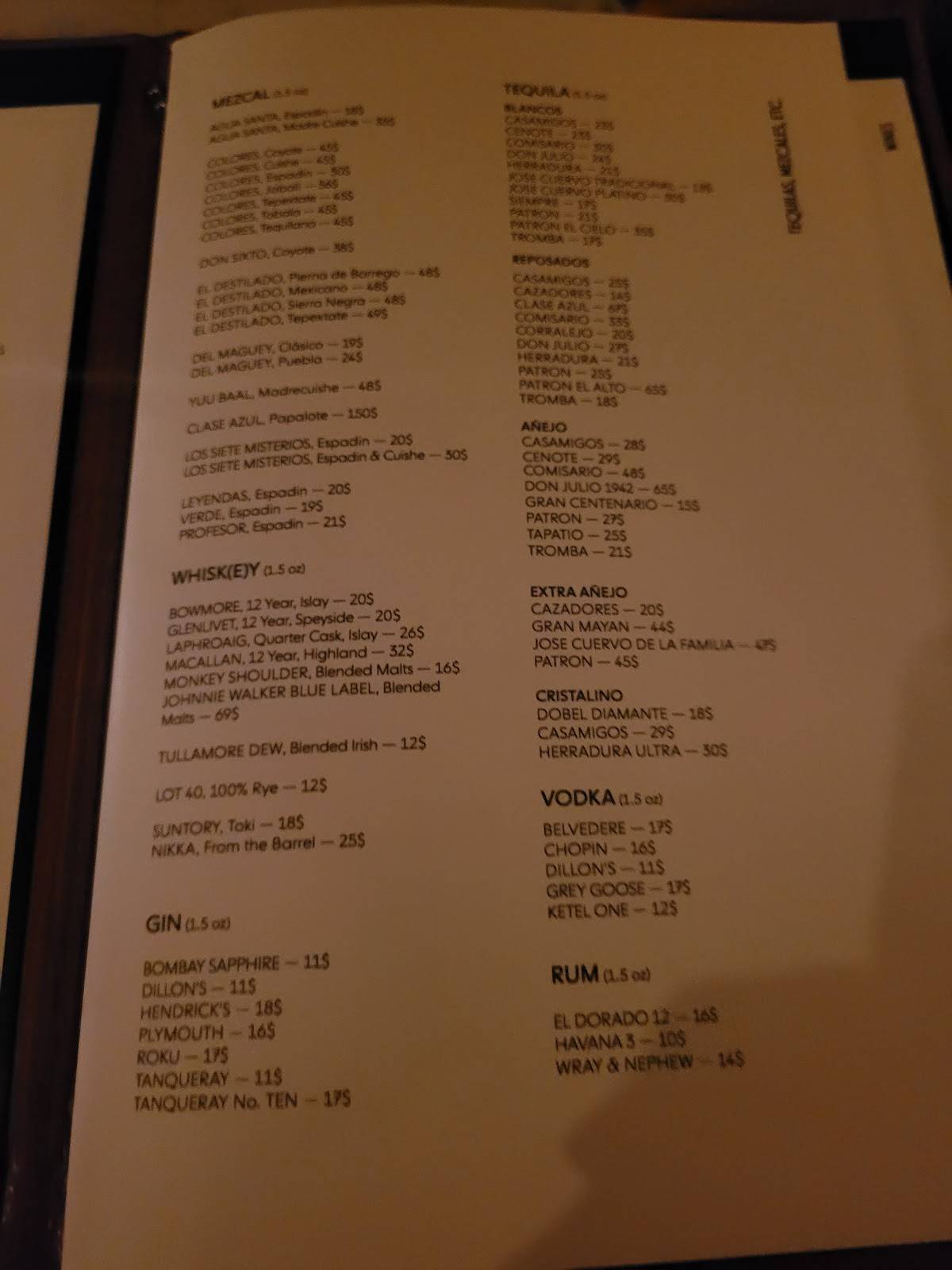 Menu at Quetzal restaurant, Toronto, 419 College St