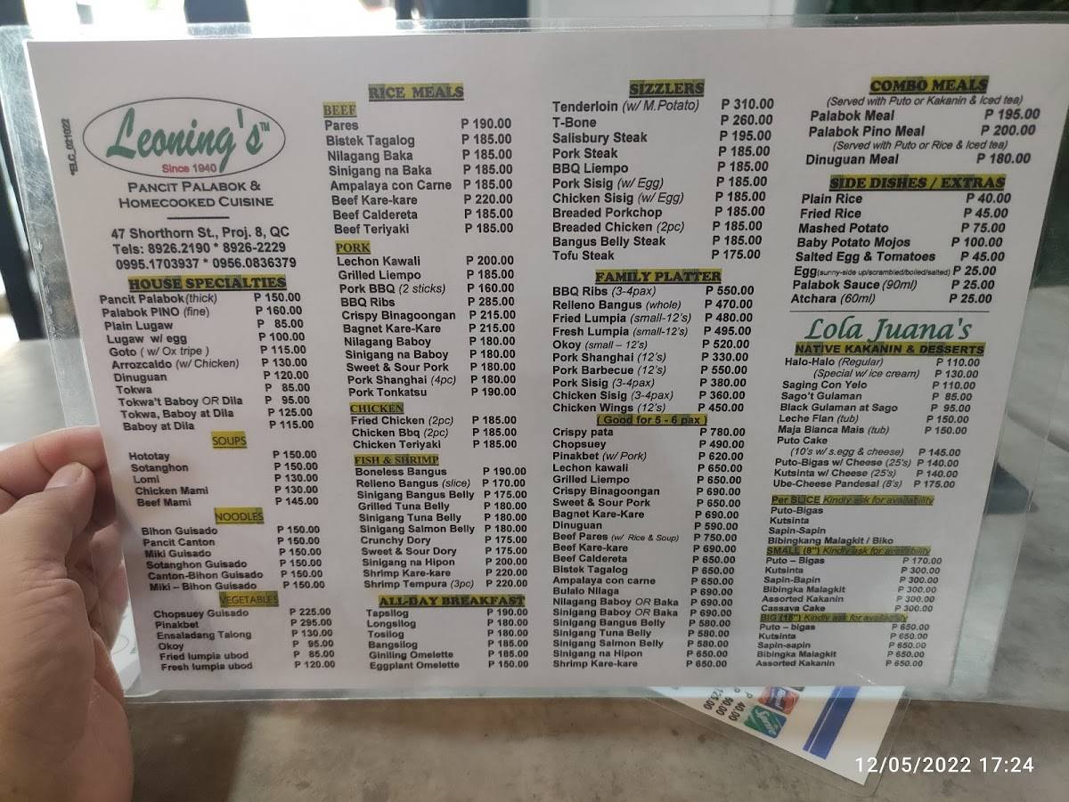 Menu at Leoning's Pancit Palabok restaurant, Quezon City, 1106 Shorthorn St