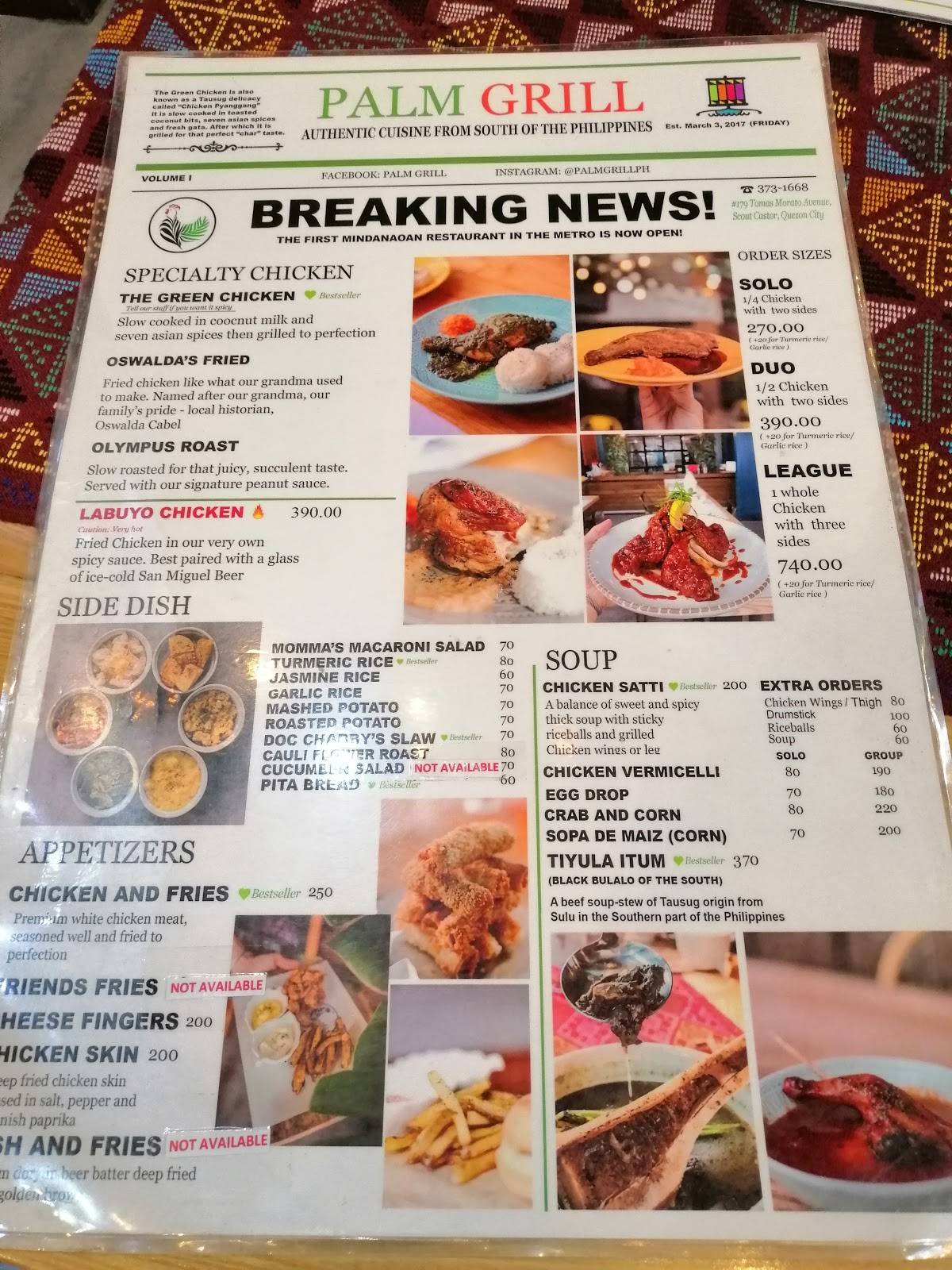 Menu at Palm Grill: Authentic Cuisine from South of Mindanao restaurant ...