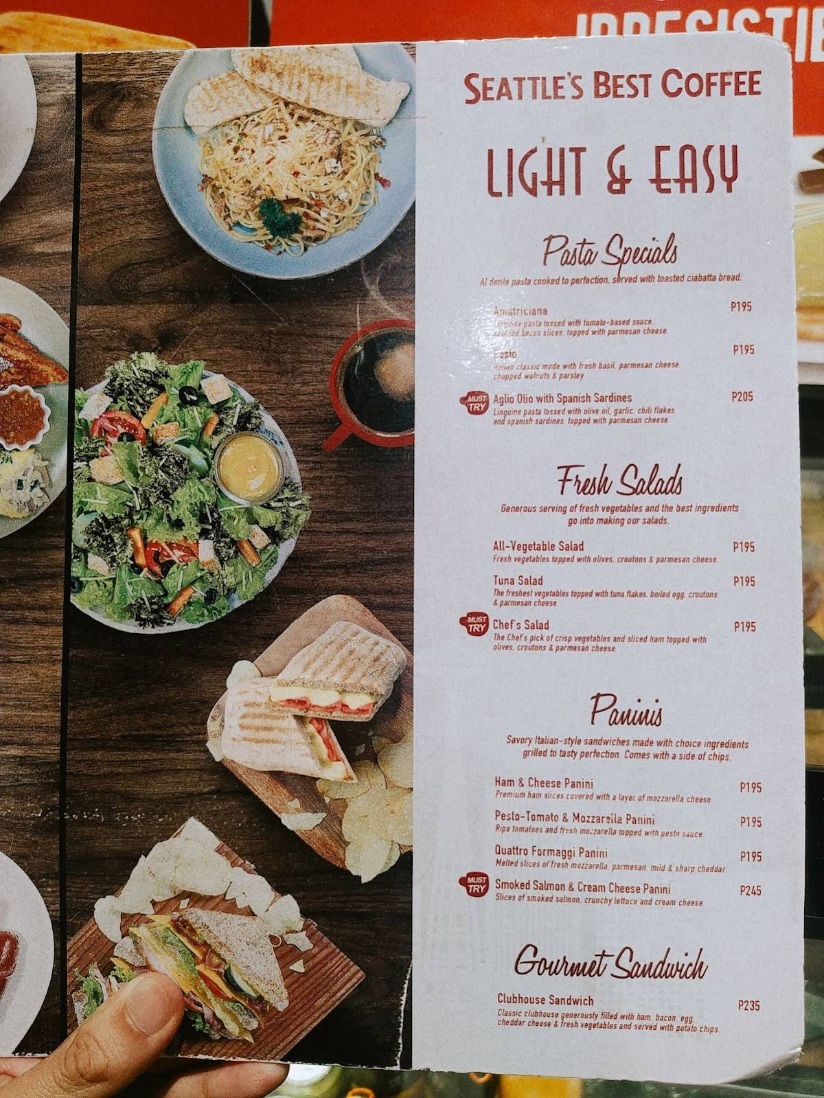 Menu at Seattle's Best Coffee cafe, Quezon City, Matalino St