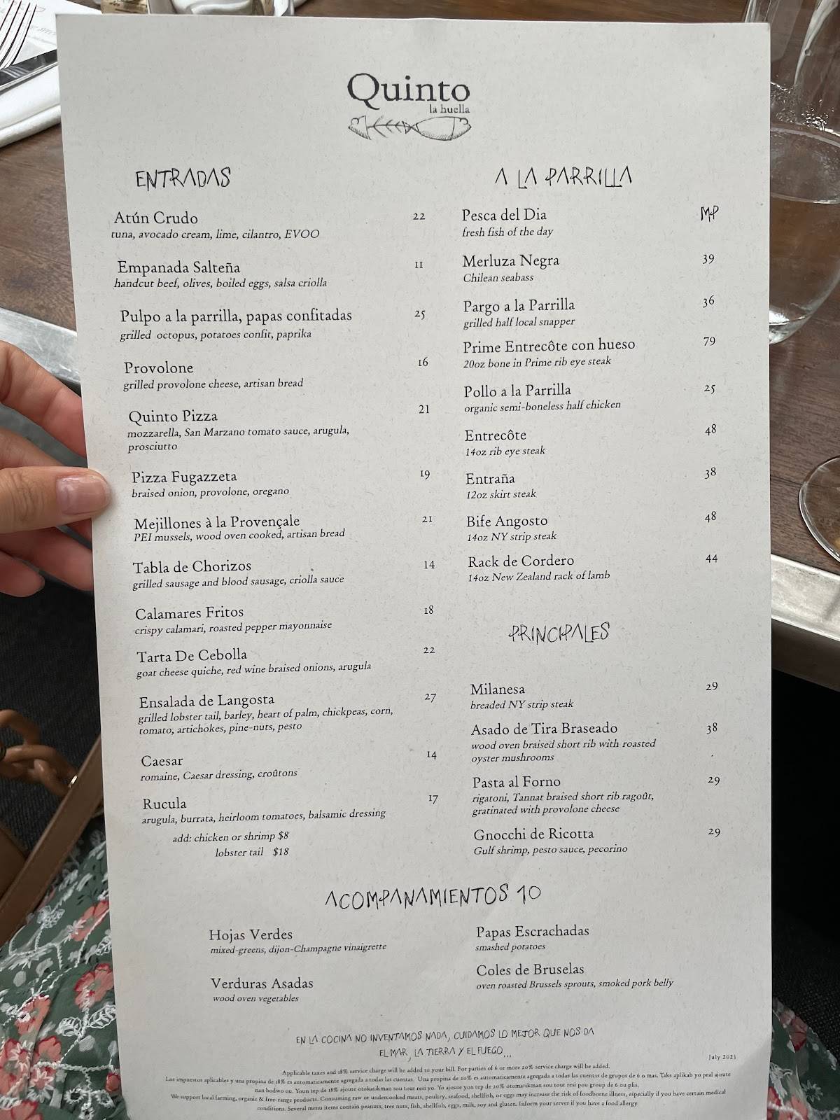 Carta de parrilla Quinto Miami, Miami, 788 Brickell Plaza