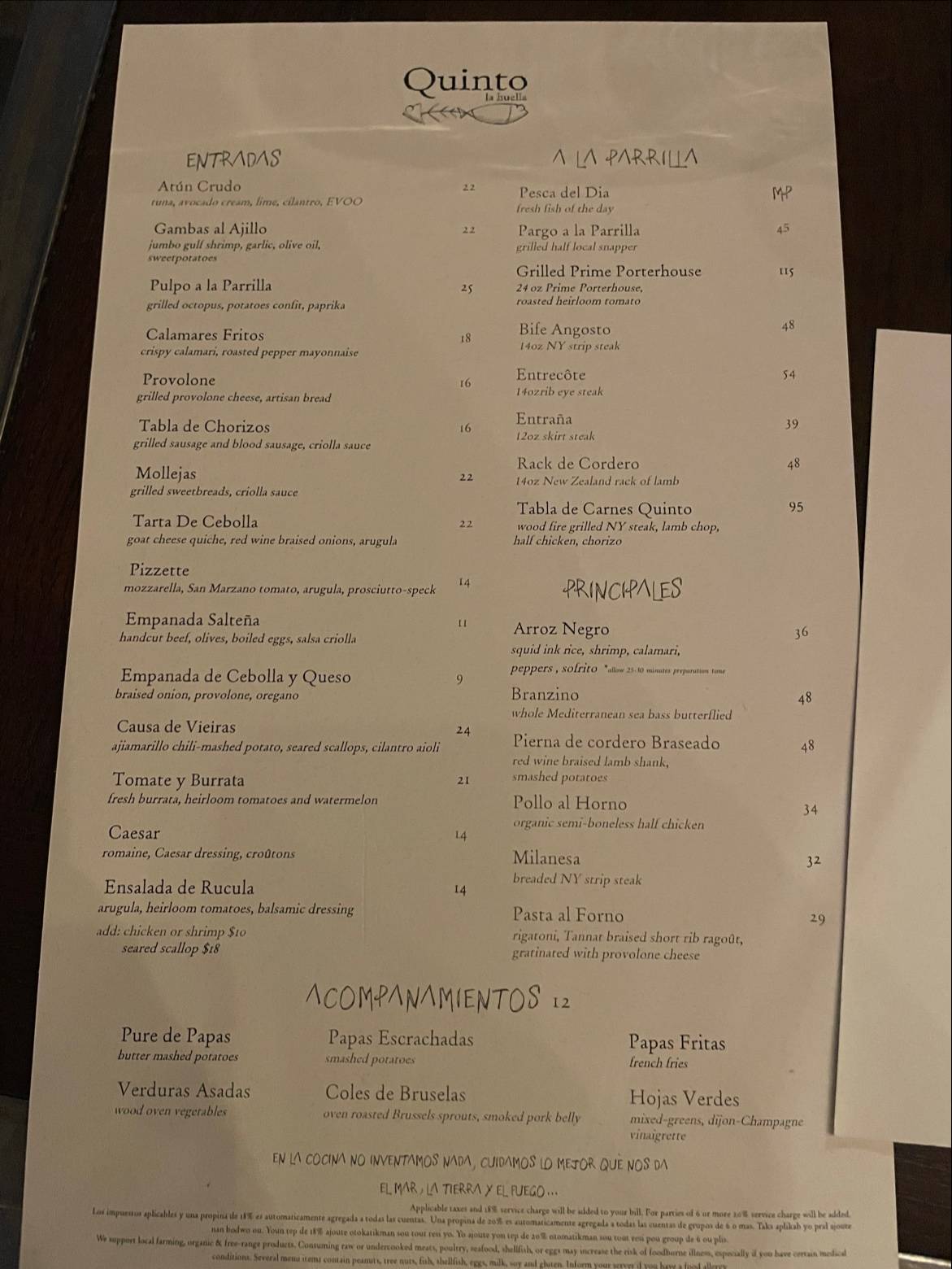 Carta de parrilla Quinto Miami, Miami, 788 Brickell Plaza