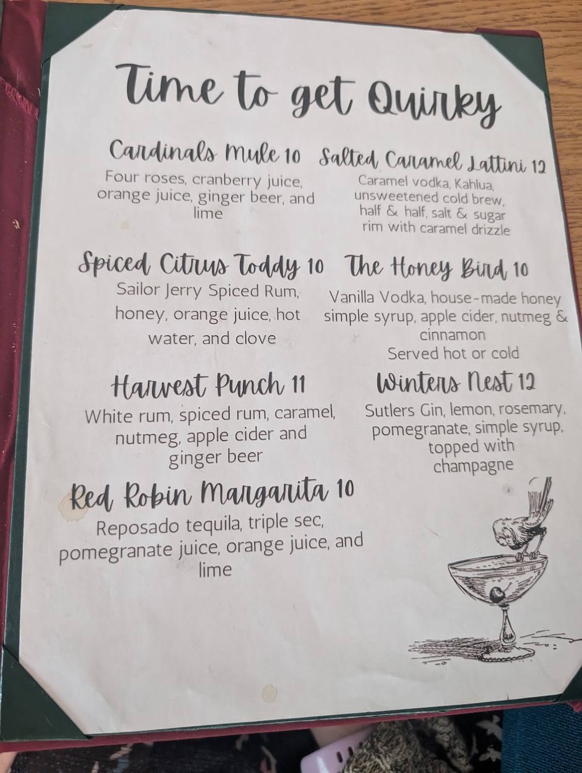 Menu at Quirky Birds Treehouse & Bistro pub & bar, Dillsboro