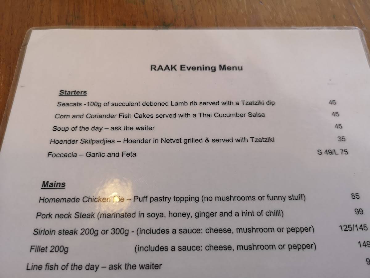 Menu at RAAK restaurant, Port Elizabeth, Salisbury Centre