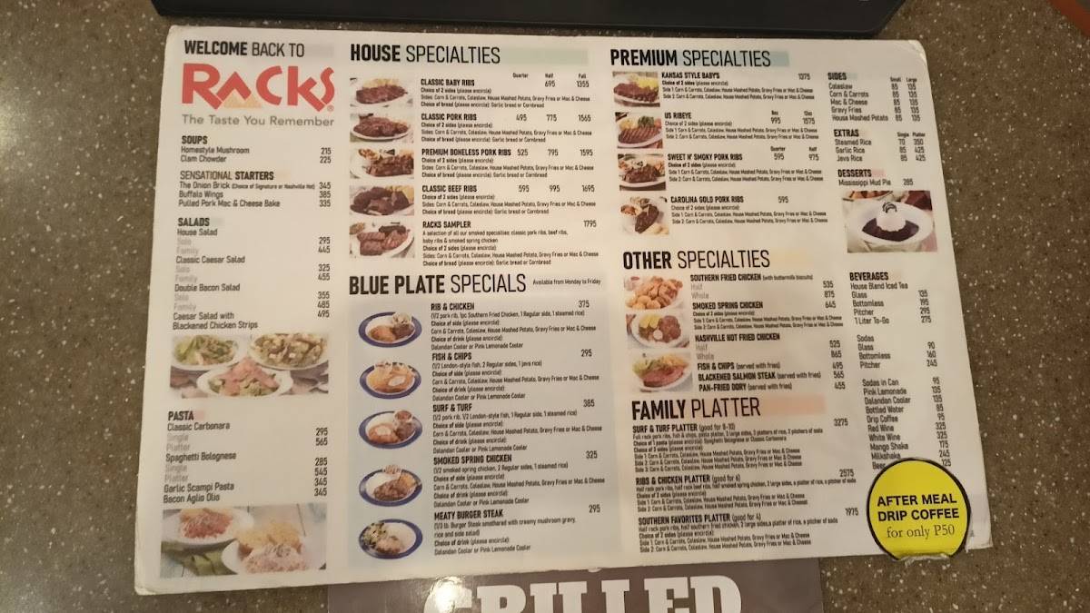 Menu at RACKS restaurant, Parañaque