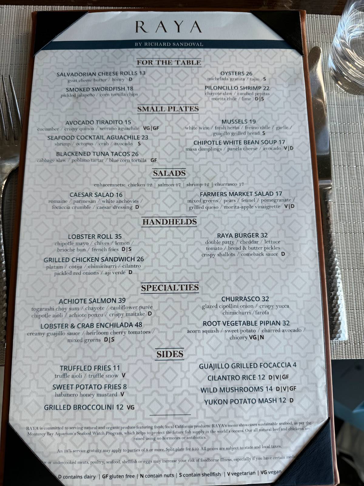 Menu at RAYA restaurant, Dana Point, 1 Ritz Carlton Dr