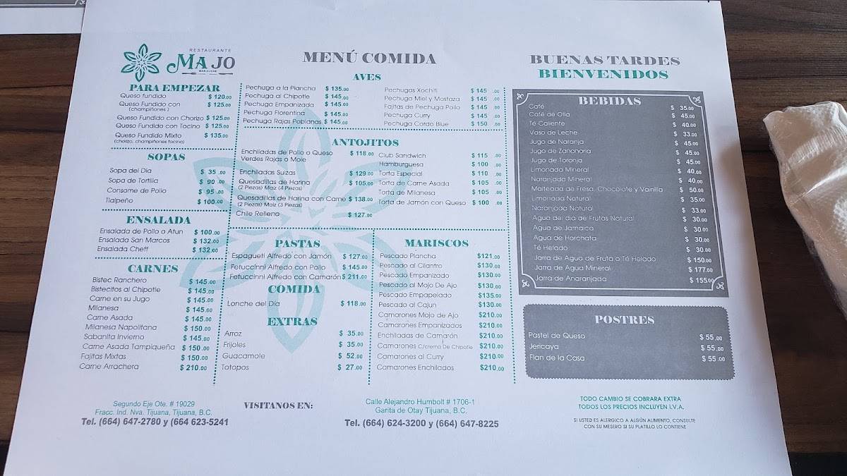 Carta de RESTAURANTE MAJO OTAY, Tijuana, C. 7 Sur 19095-Local 1-4