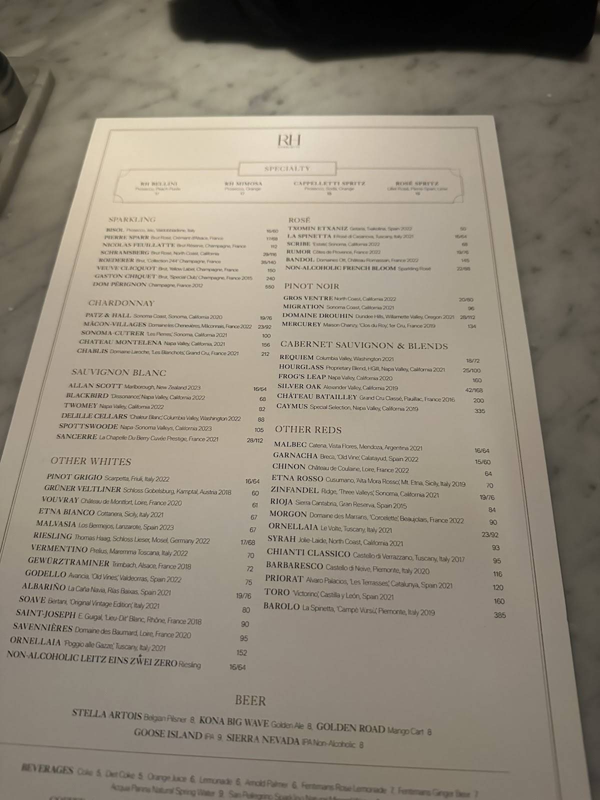 Menu at RH Rooftop Restaurant at RH Charlotte, Charlotte