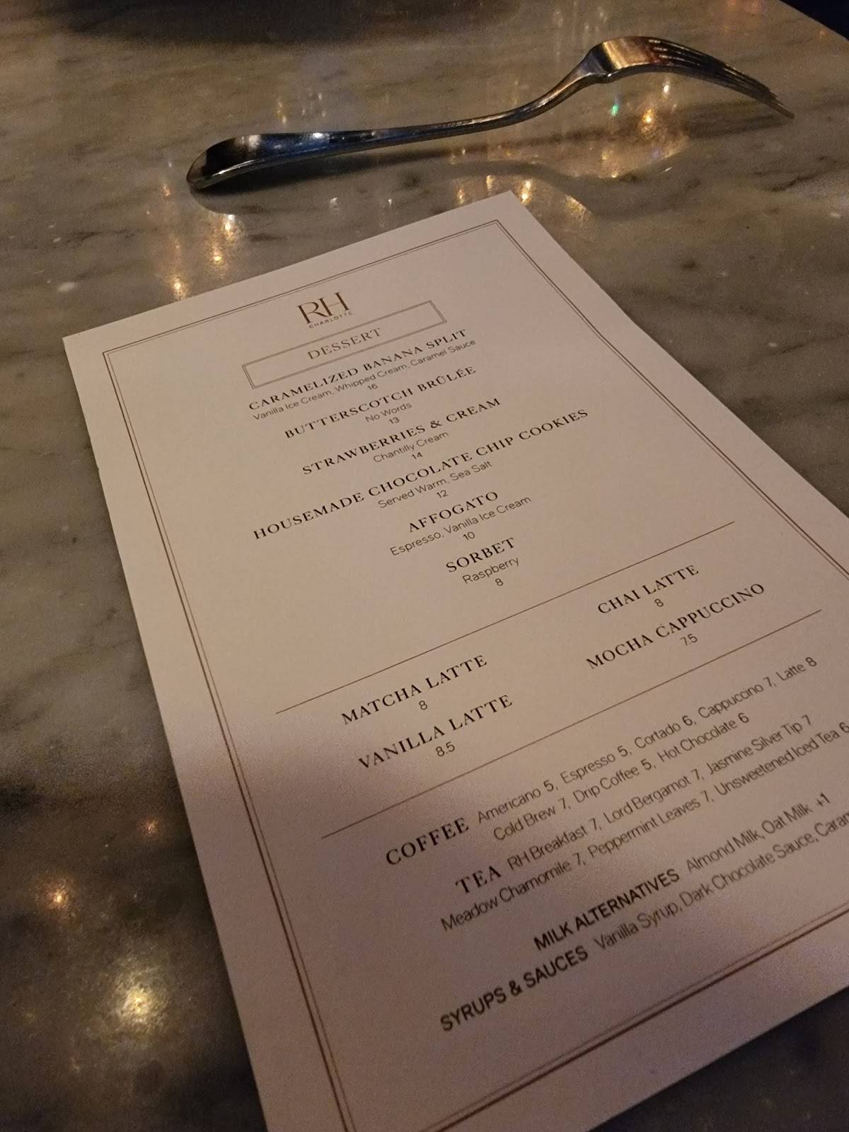 Menu at RH Rooftop Restaurant at RH Charlotte, Charlotte