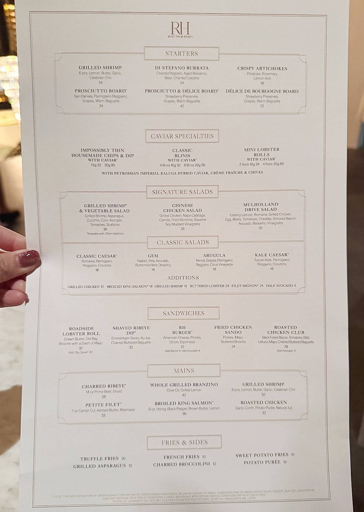 Menu at RH Rooftop Restaurant at RH West Palm, West Palm Beach