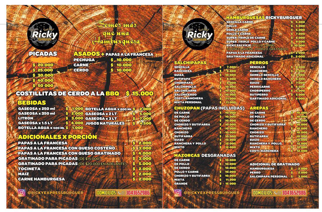 Carta del restaurante RICKY BURGER, Colombia