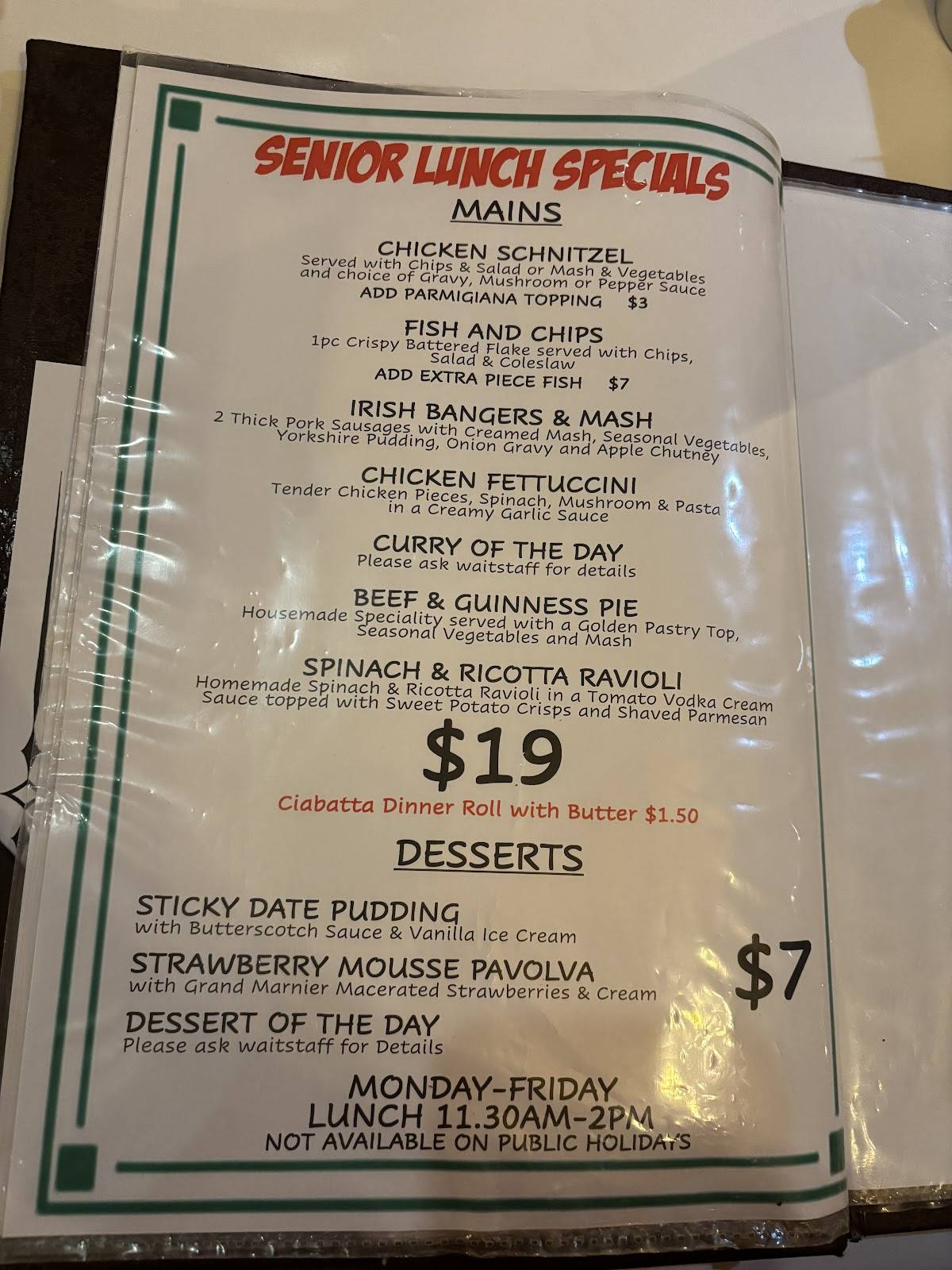 Menu at Racecourse Hotel Werribee restaurant, Werribee