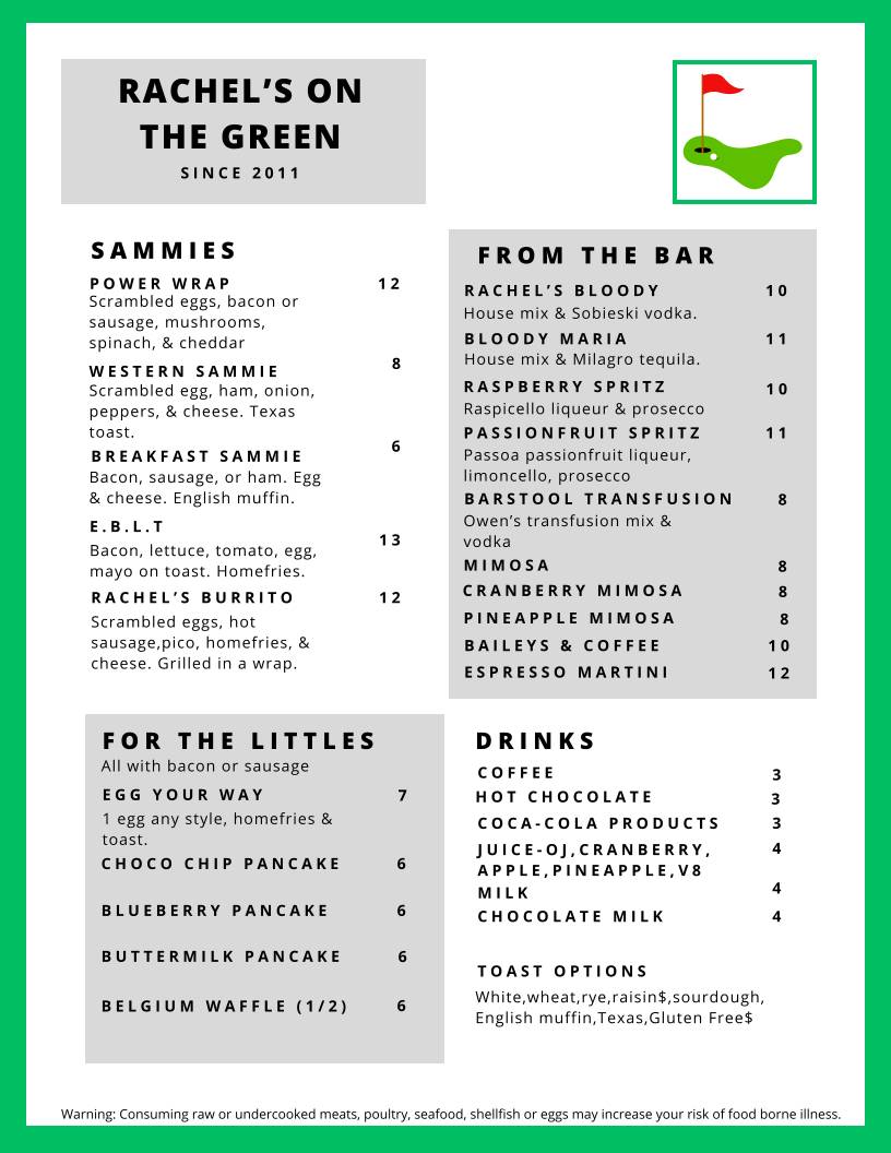 Menu at Rachel's On The Green restaurant, Cumberland