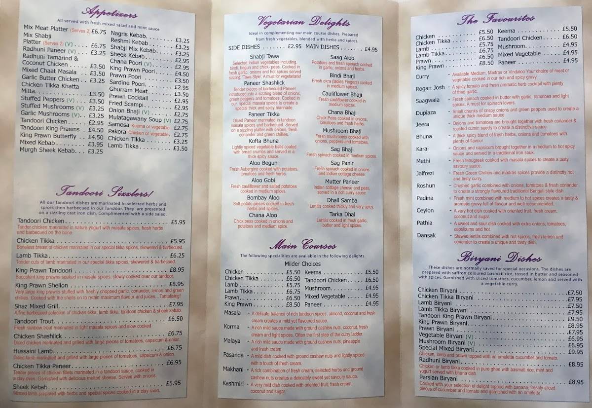 Menu at Radhuni Tandoori restaurant, Ilkeston