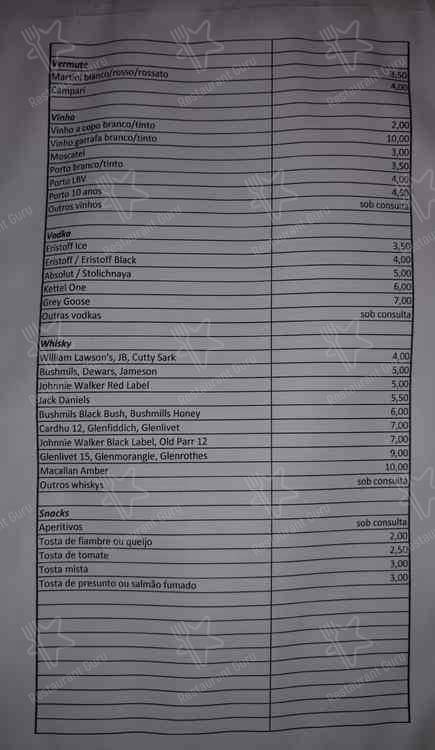 Menu em Radio Bar, Porto