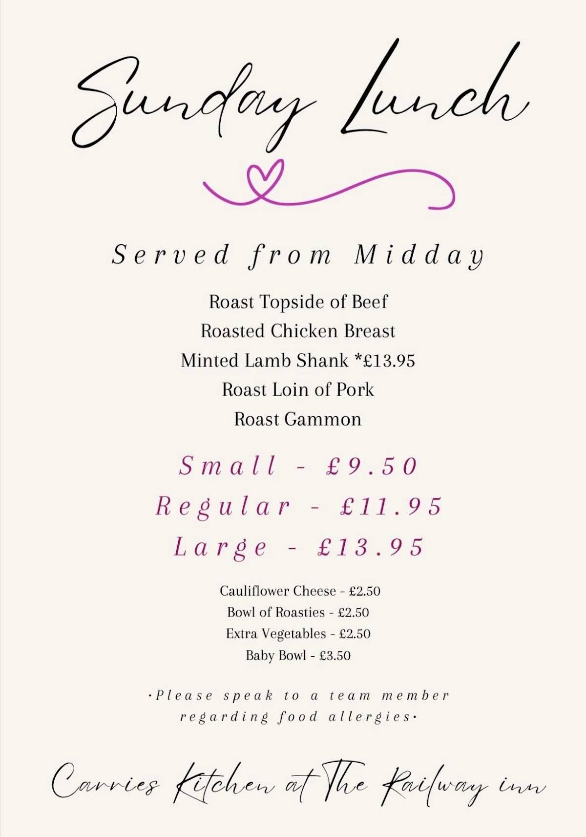 Menu at Railway Inn Selston restaurant, Selston