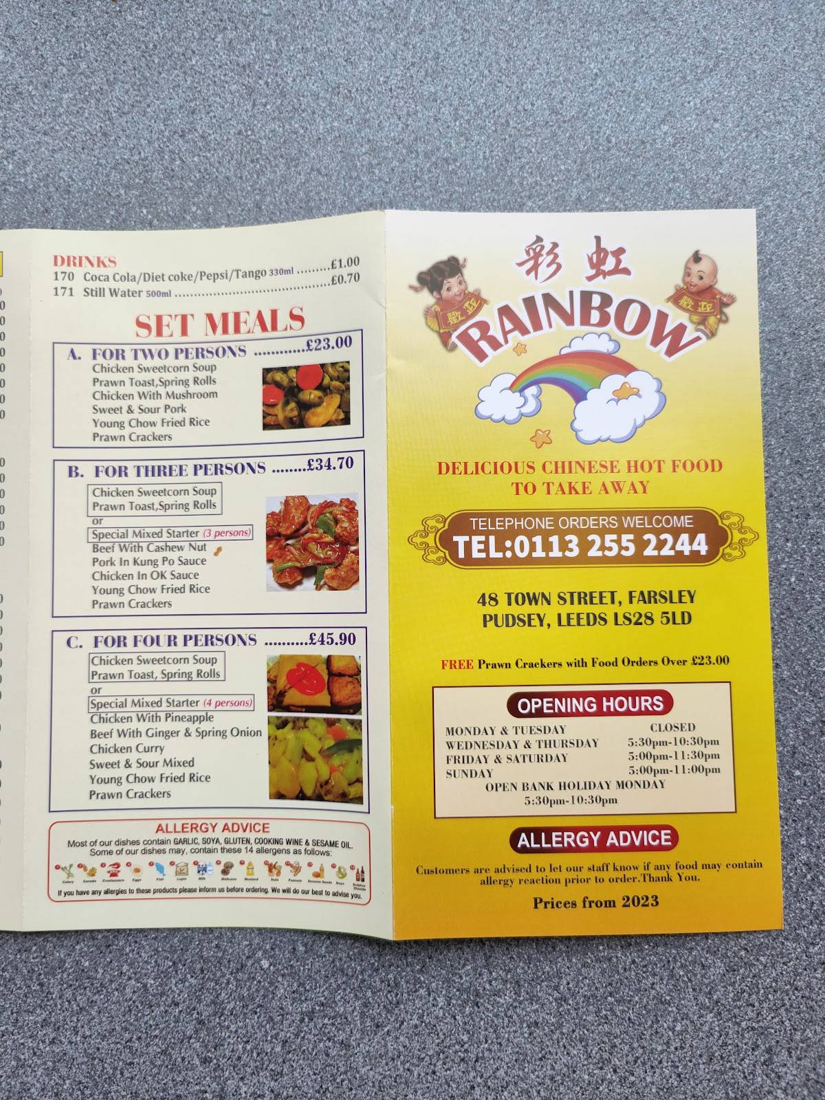 Menu at Rainbow fast food, Pudsey, 48 Town St