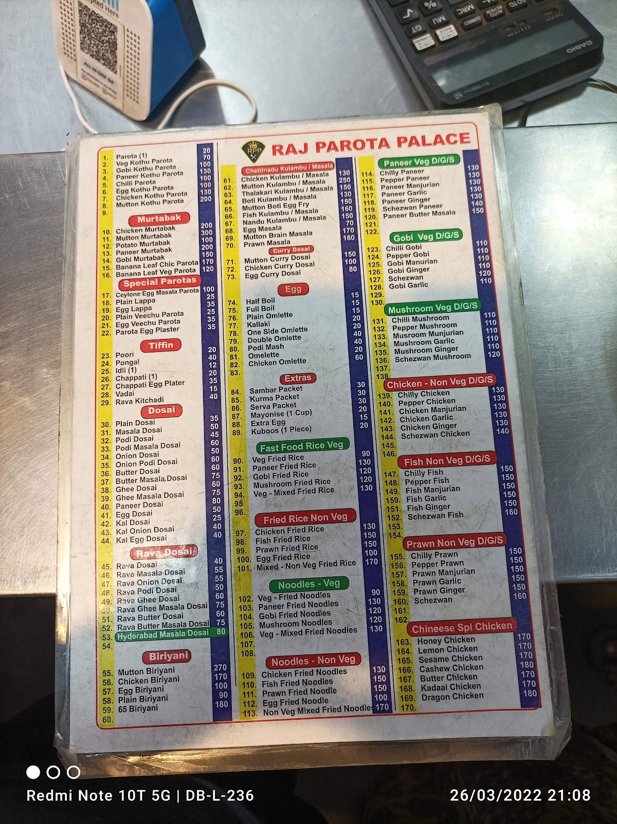 Menu at Raj Parota Palace, Chennai