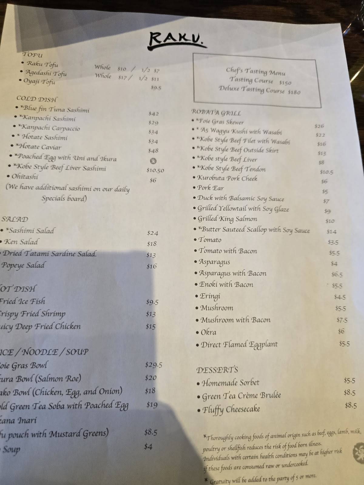 Menu at Raku restaurant, Las Vegas