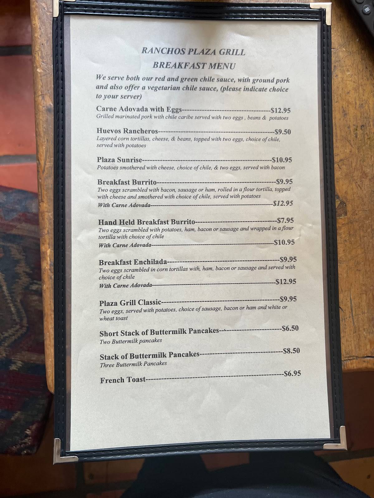 Menu at Ranchos Plaza Grill restaurant, Ranchos de Taos