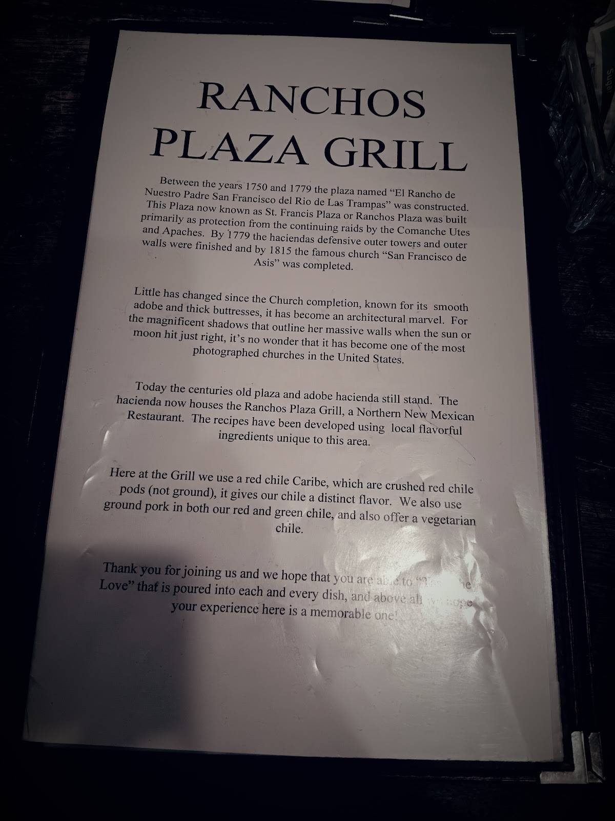 Menu at Ranchos Plaza Grill restaurant, Ranchos de Taos