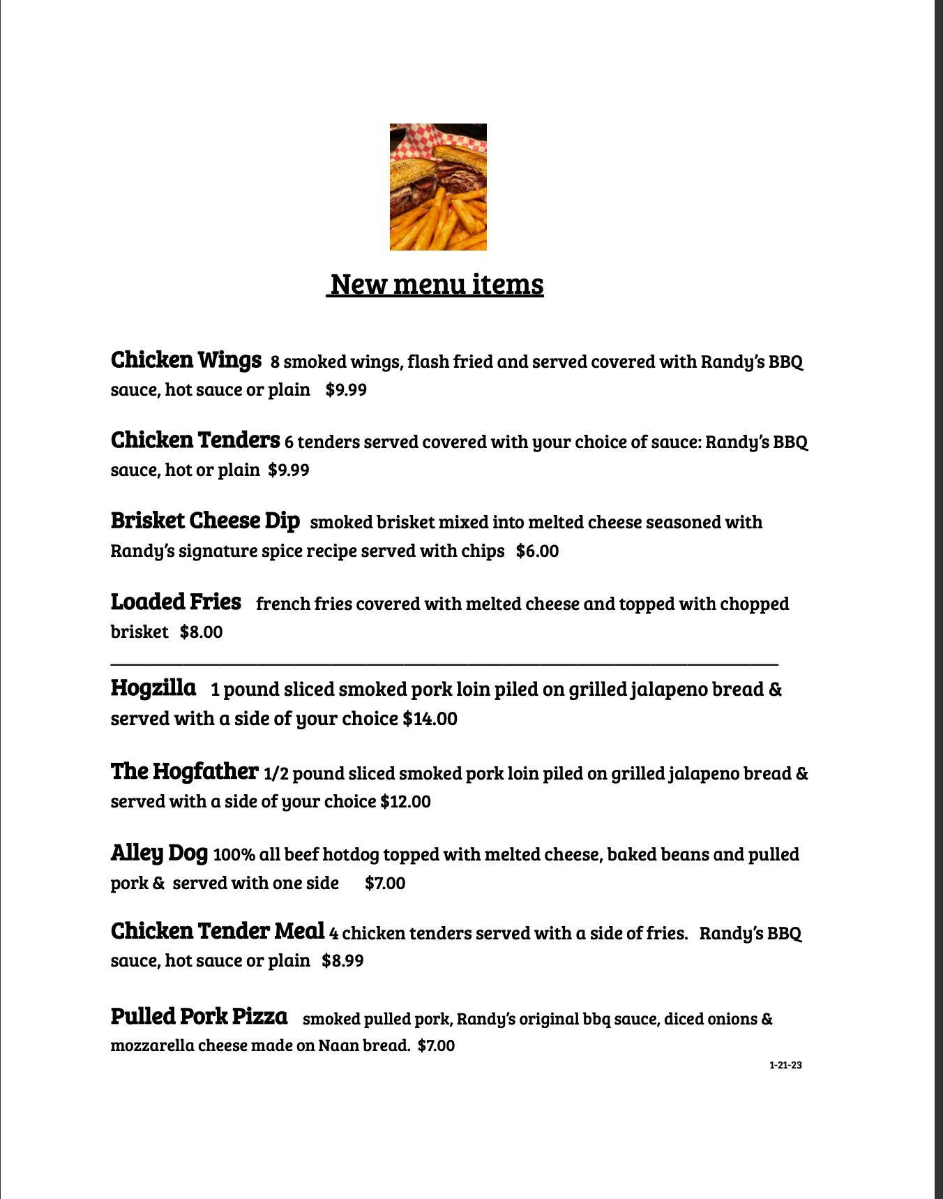 Menu at Randy's Roadkill BBQ & Grill, Rolla