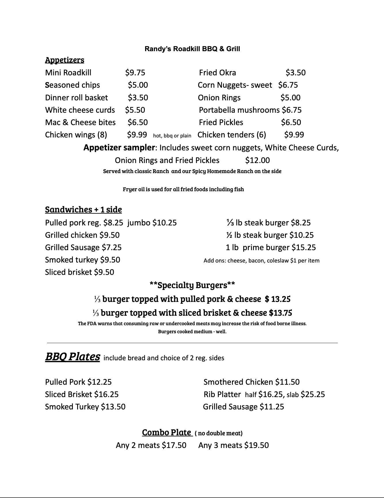 Menu at Randy's Roadkill BBQ & Grill, Rolla