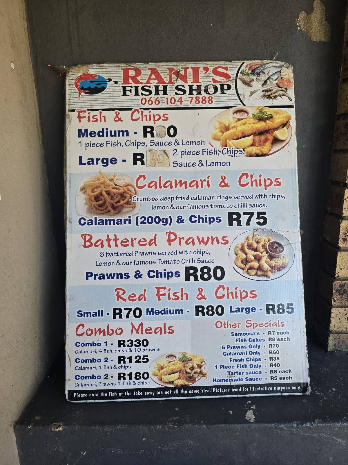 Menu at Rani's Fish Shop restaurant, Umhlanga