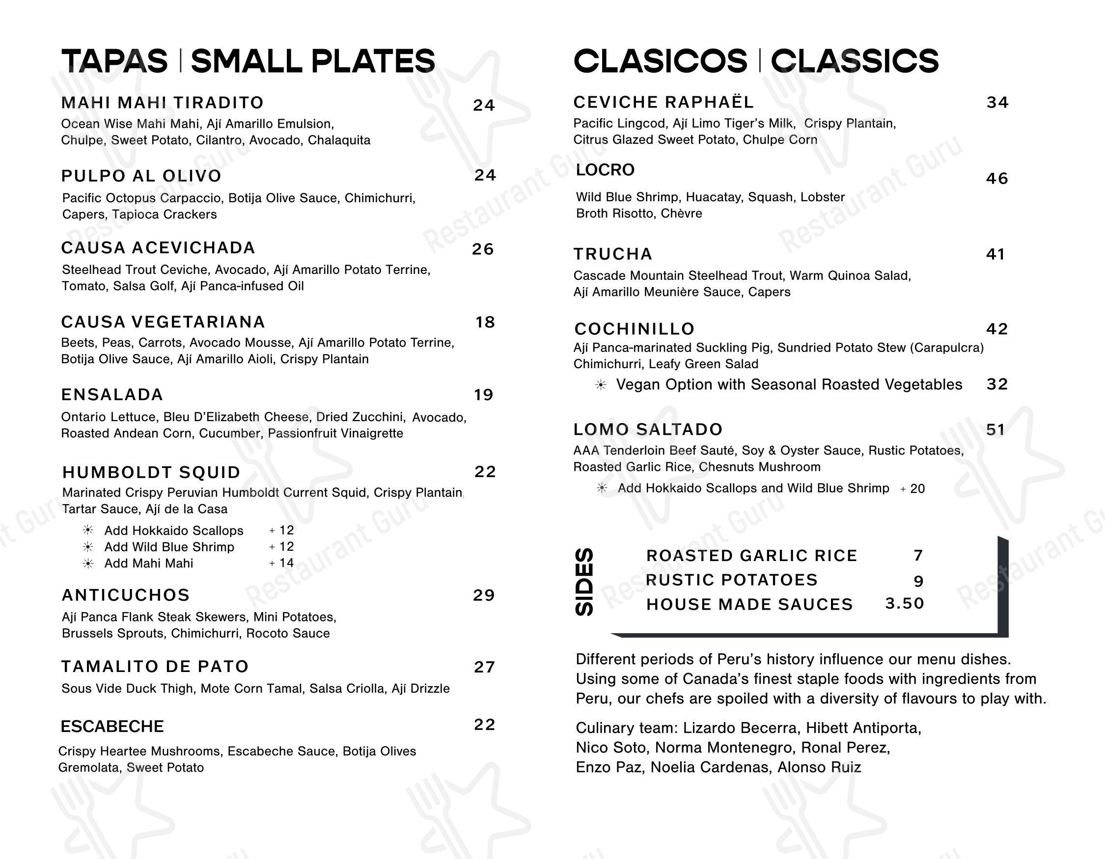 Menu at Raphaël Peruvian Cuisine restaurant, Ottawa