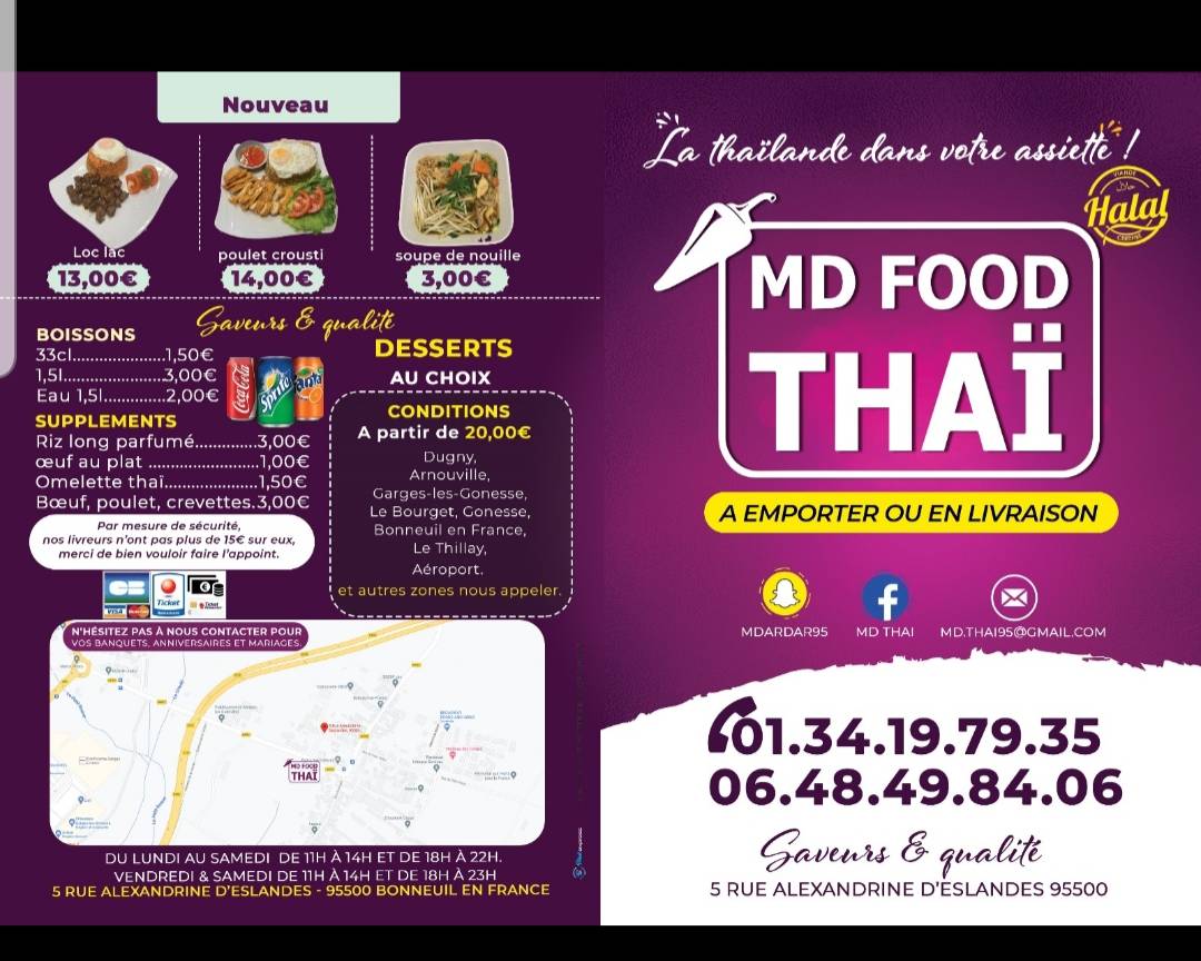 Menu au Md food thai restaurant, Bonneuil-en-France