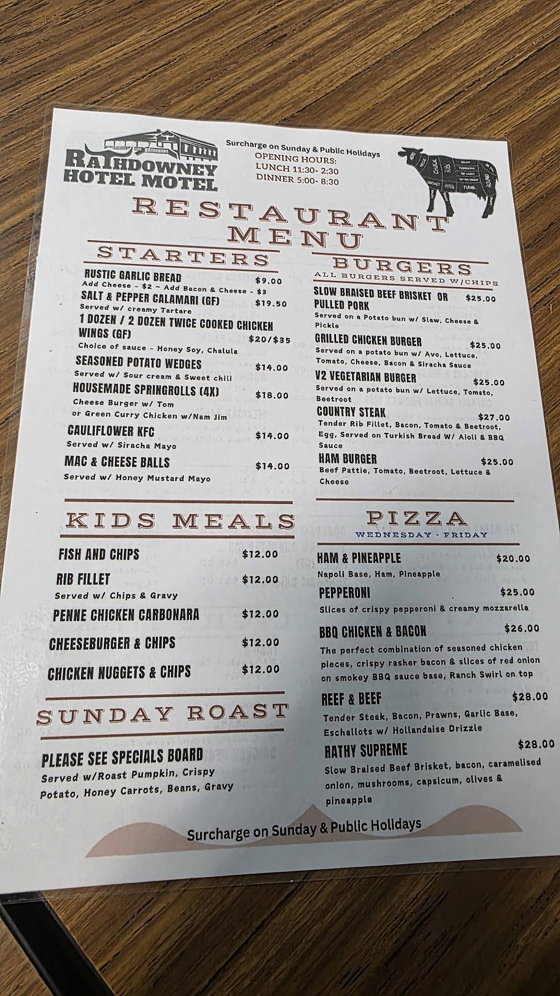 Menu at Rathdowney Hotel Motel pub & bar, Rathdowney
