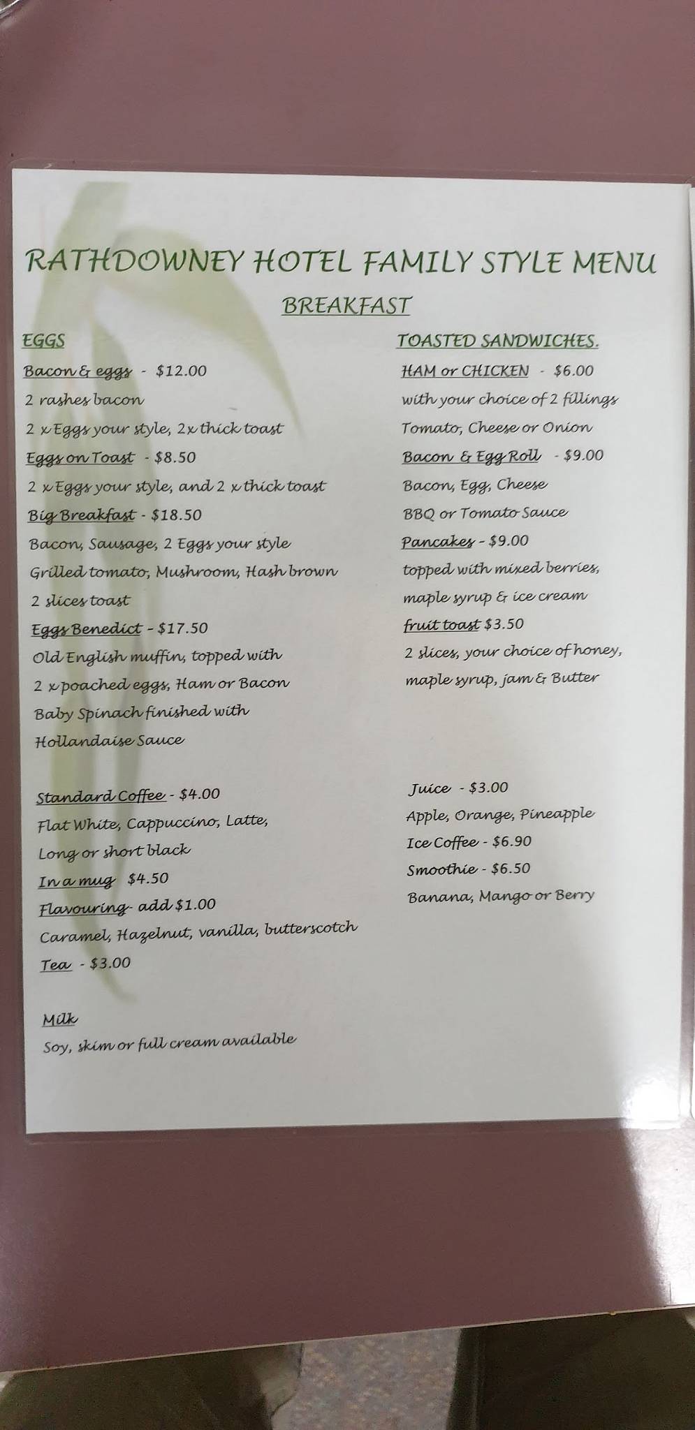 Menu at Rathdowney Hotel Motel pub & bar, Rathdowney