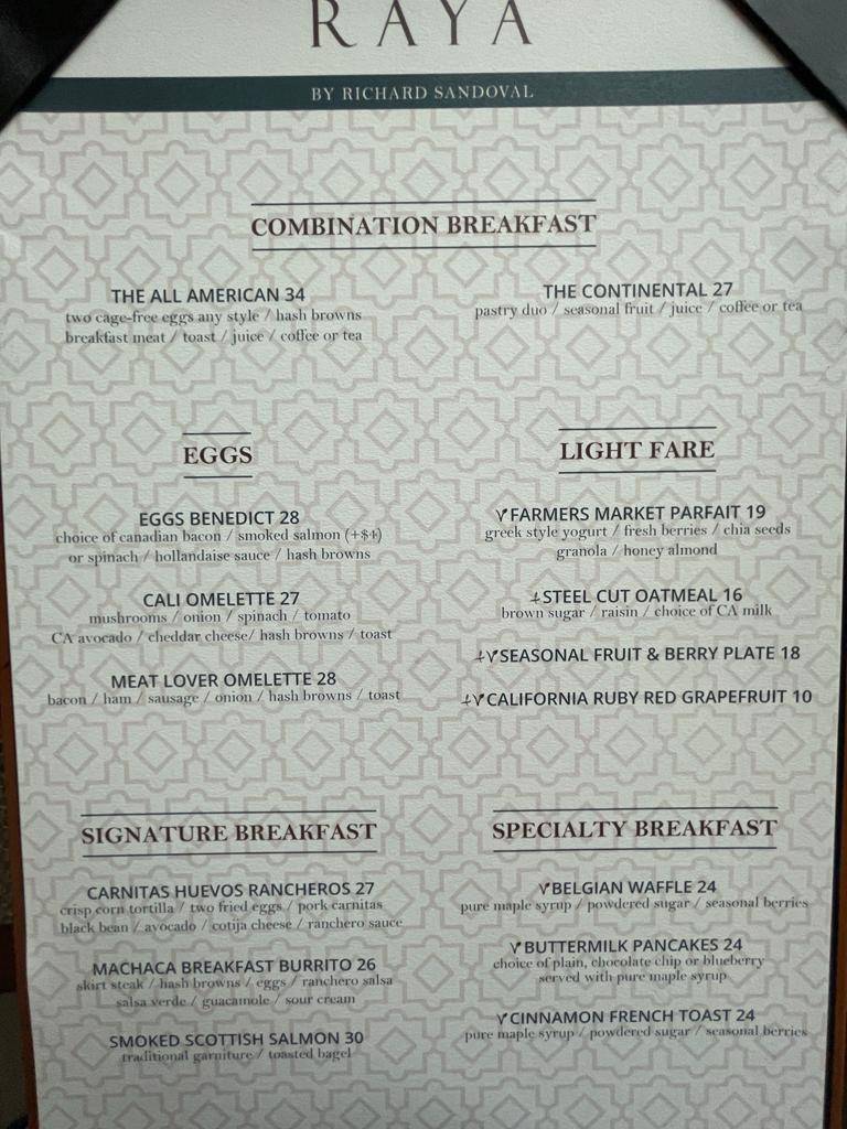 Menu at RAYA restaurant, Dana Point, 1 Ritz Carlton Dr