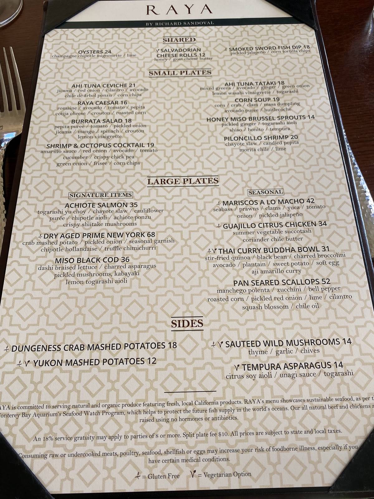 Menu at RAYA restaurant, Dana Point, 1 Ritz Carlton Dr