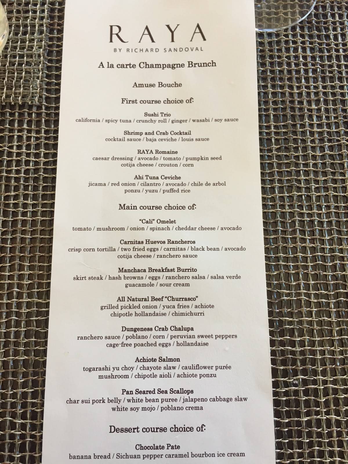 Menu at RAYA restaurant, Dana Point, 1 Ritz Carlton Dr