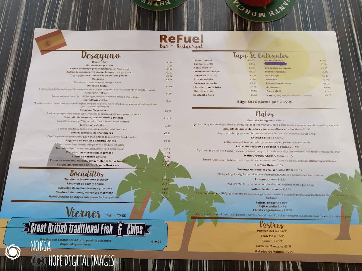 Menu at ReFuel pub & bar, Benidorm