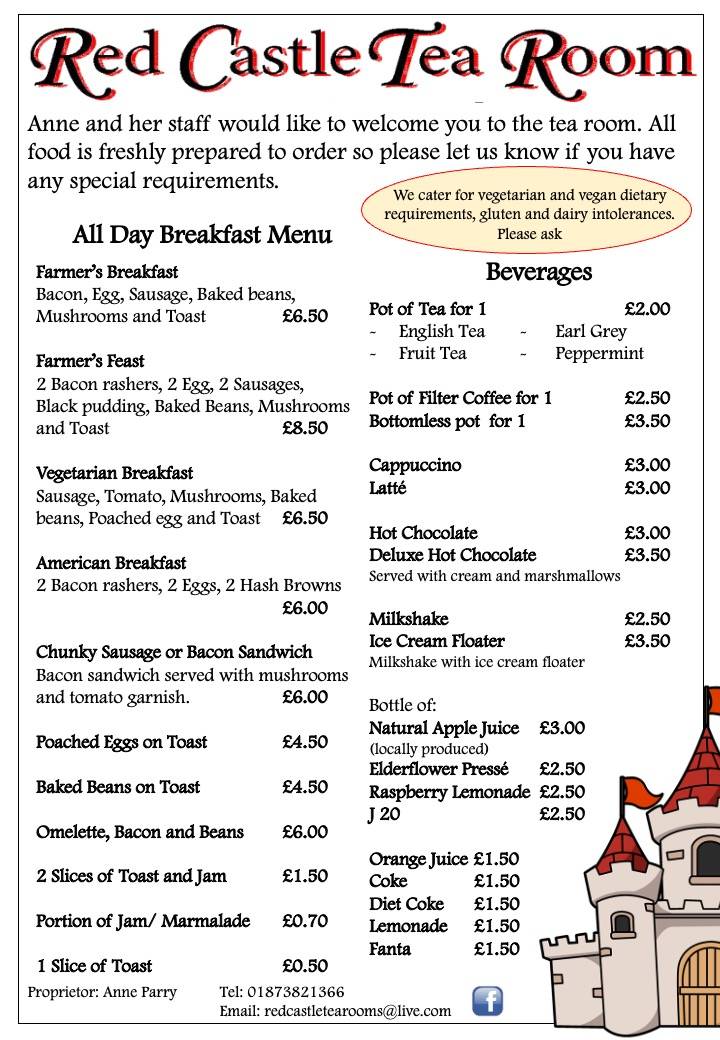 Menu at Red Castle Tea Room cafe, England