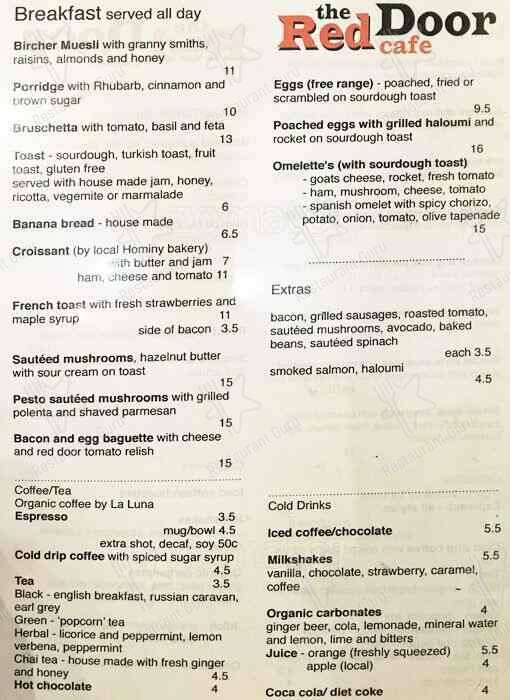 Menu at Red Door Cafe, Leura