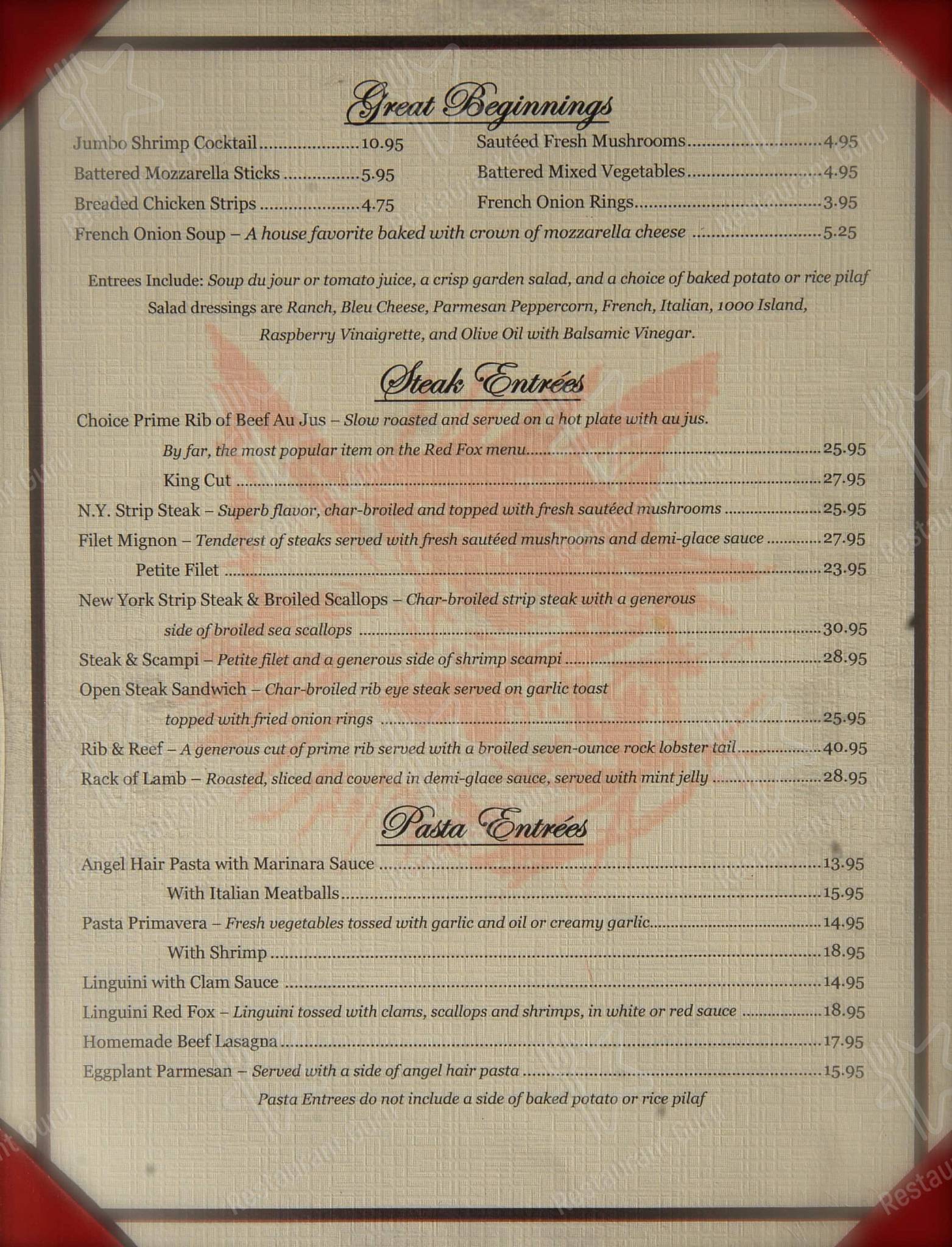 Menu at Red Fox Restaurant, Saranac Lake, State Rte 3
