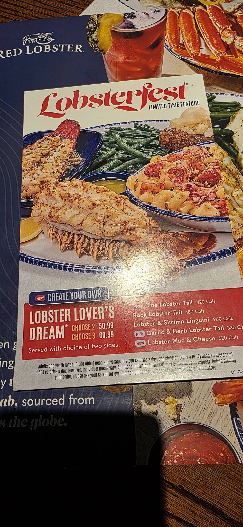Menu at Red Lobster restaurant, Oshawa