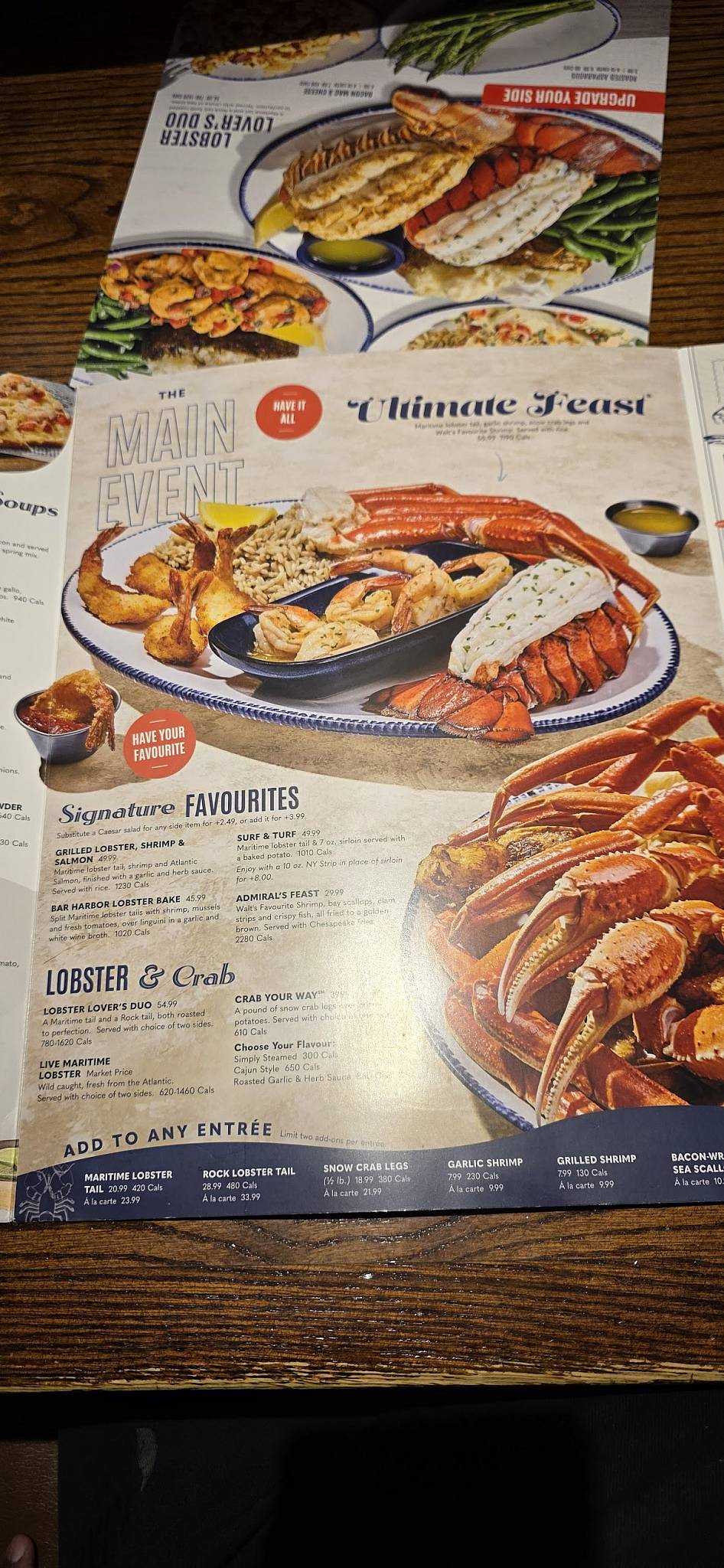 Menu at Red Lobster restaurant, Oshawa